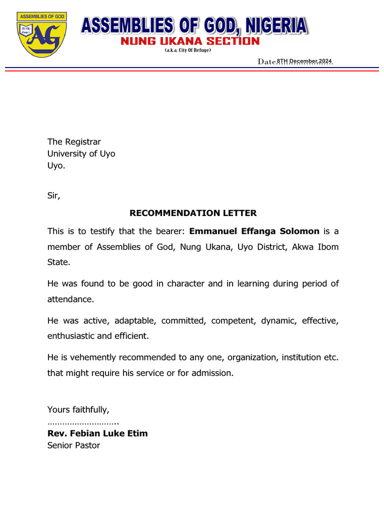 Pastor's Recommendation for Emmanuel Solomon | PDF