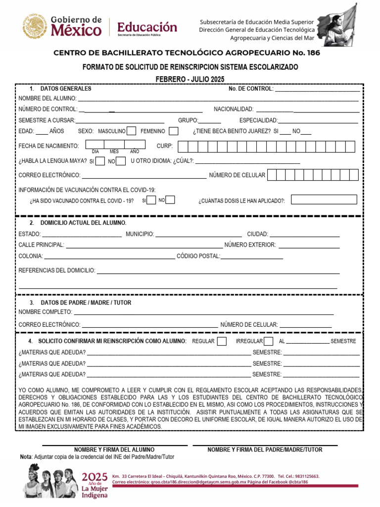 Formato Reinscripción CBTA 186 2025 | PDF