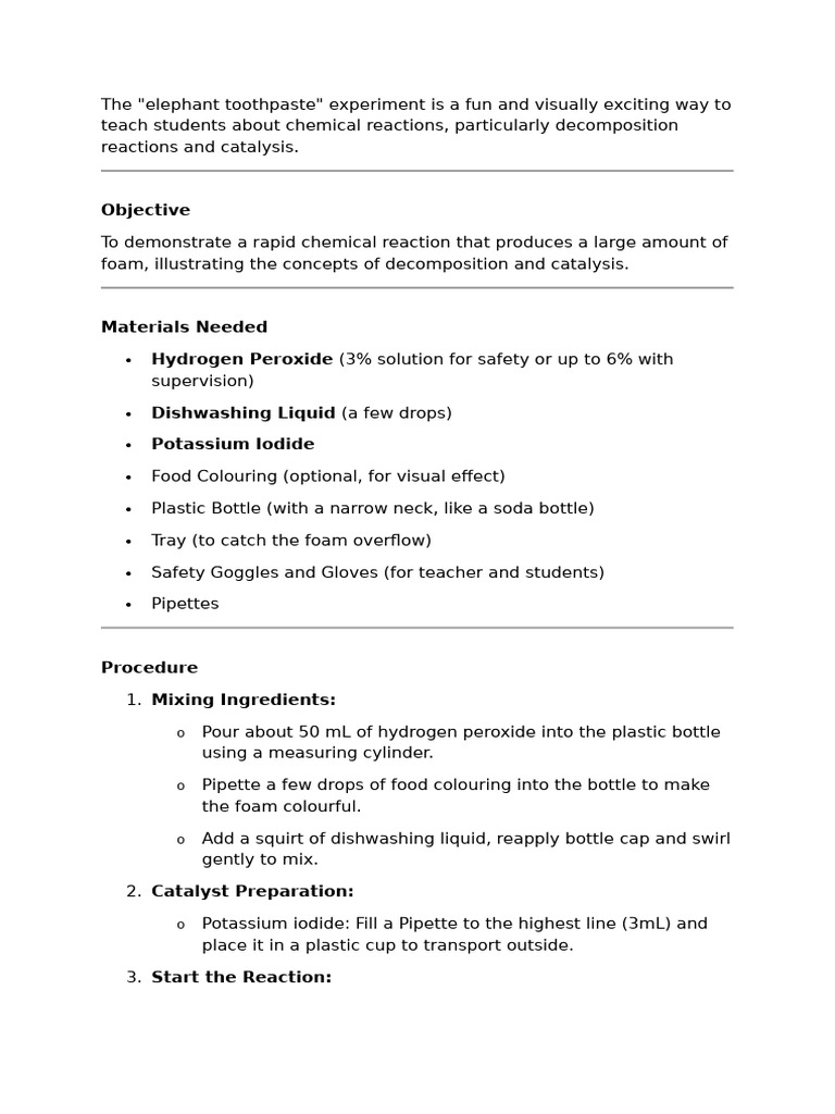 Elephant Toothpaste Experiment Guide | PDF | Catalysis | Chemical Reactions