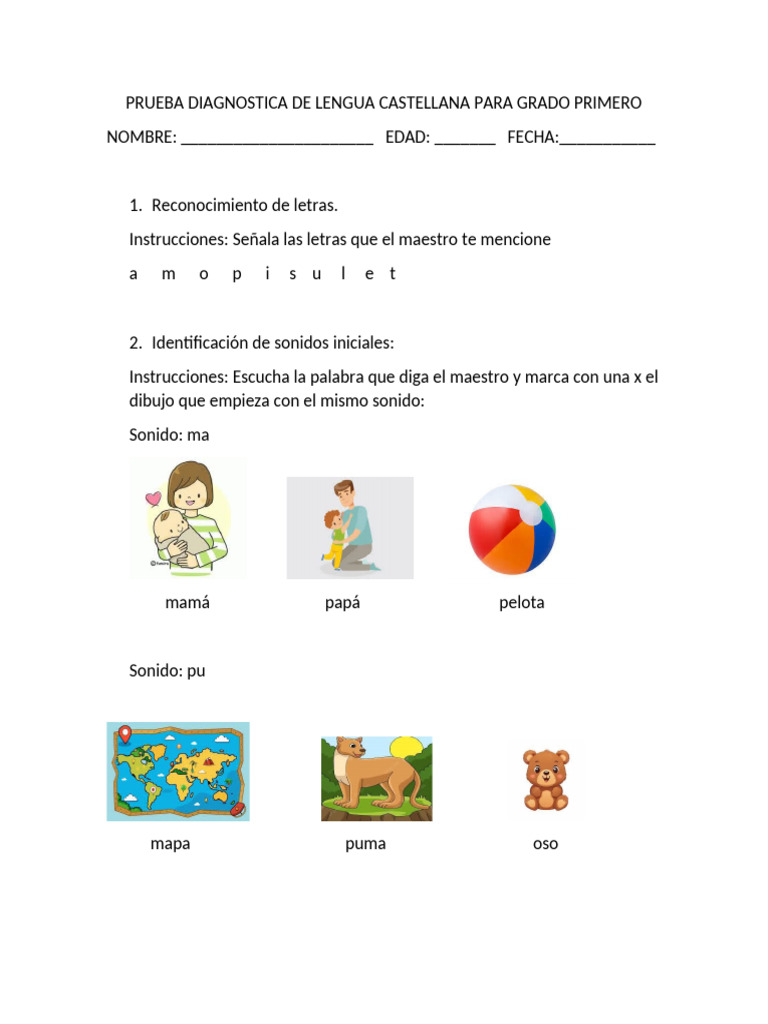 Prueba Diagnostica para Grado Primero | PDF