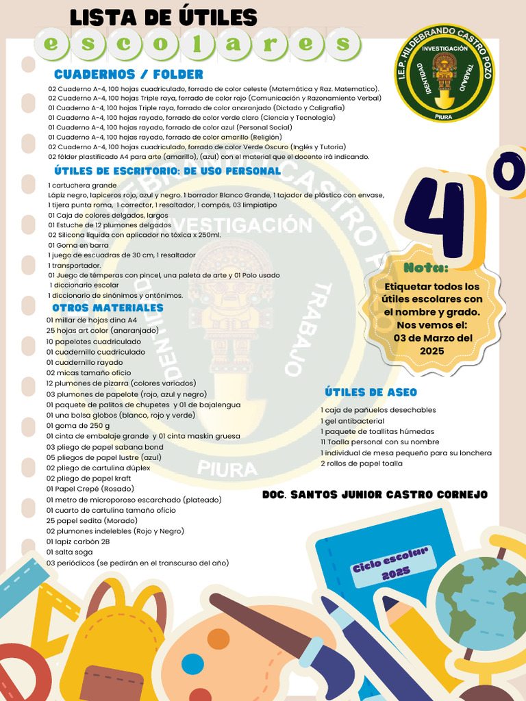Lista de Materiales Escolares Stickers Cafe y Amarillo | PDF | Cuaderno ...