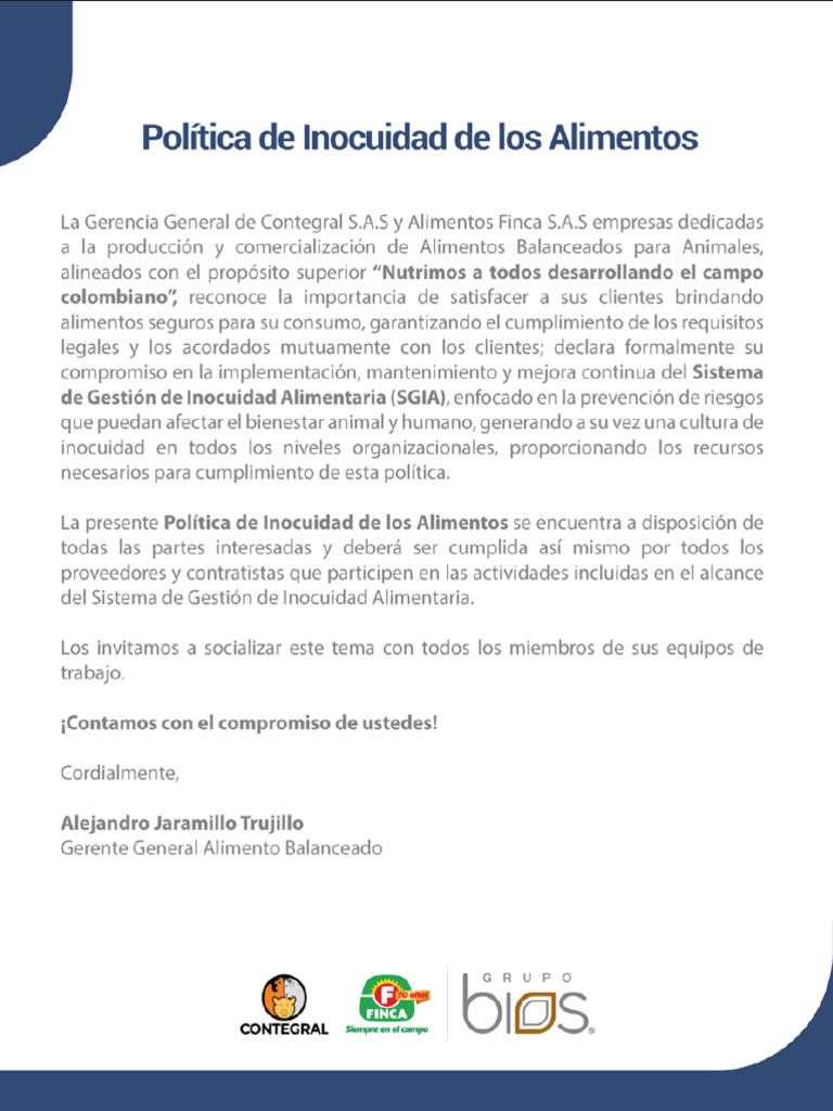 Política Inocuidad de Los Alimentos | PDF