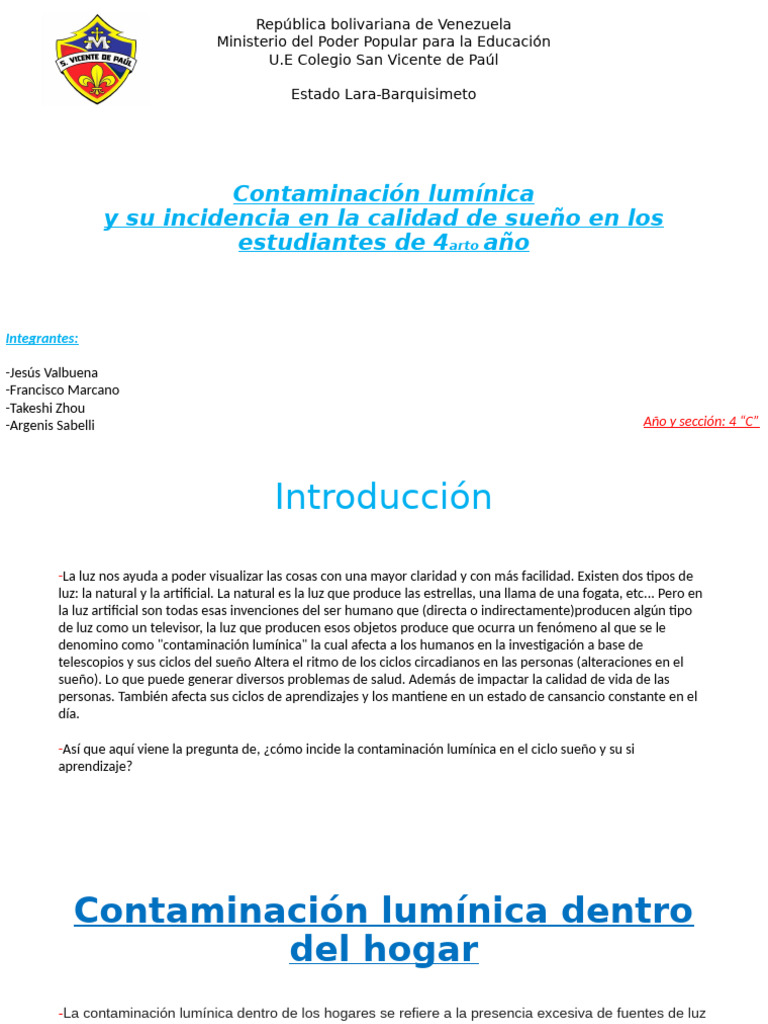 Contaminación Lumínica 4arto Año C Jesús Valbuena, Francisco Marcano ...