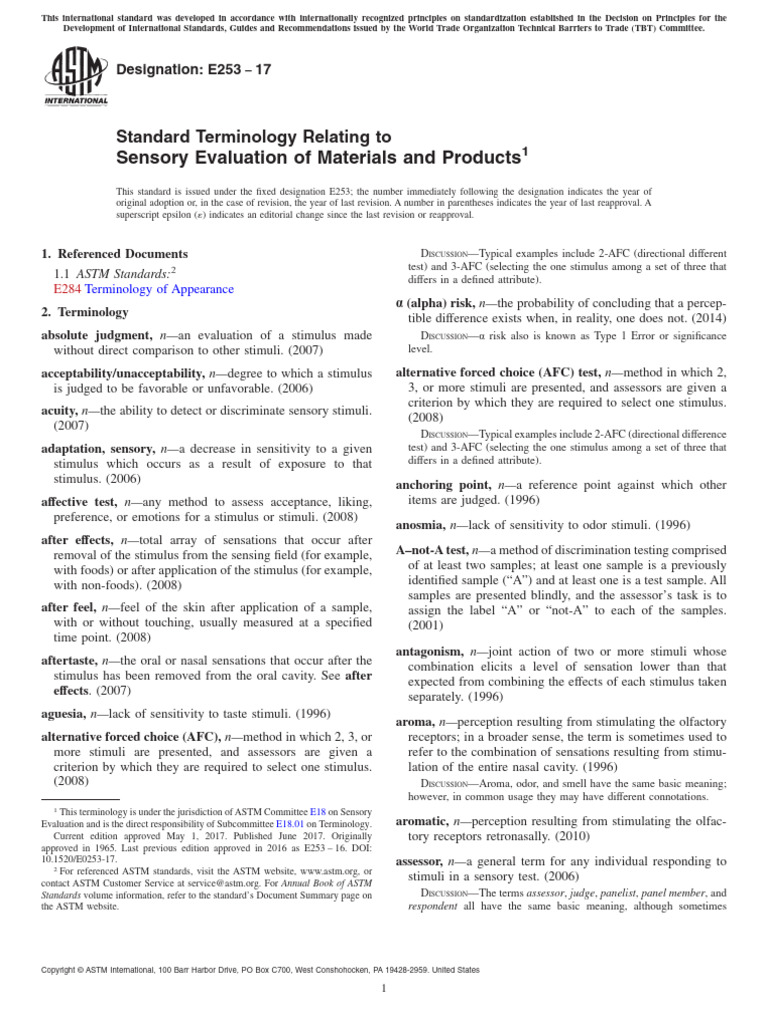 ASTM E253 Standard Terminology Relating To Sensory Evaluation of Materials and Products | PDF ...