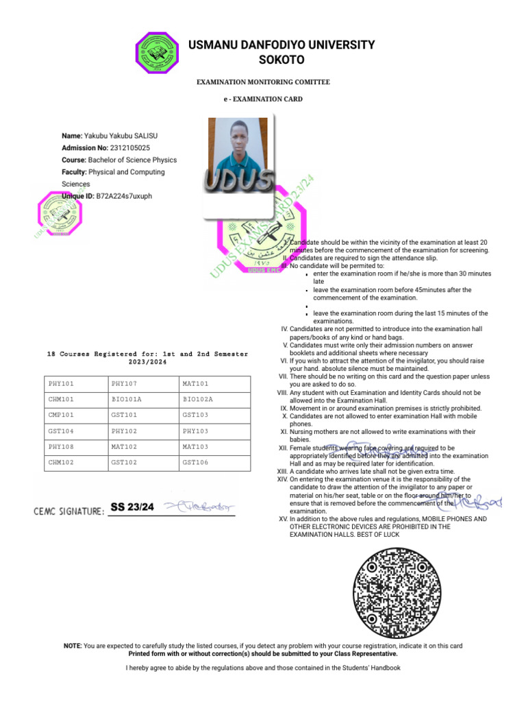 yakubu exam card | PDF