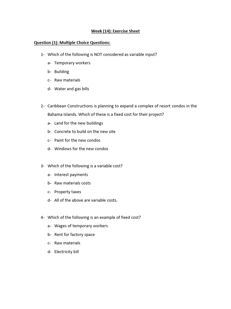 Exercise Sheet: Cost Analysis Questions | PDF | Marginal Cost | Average ...