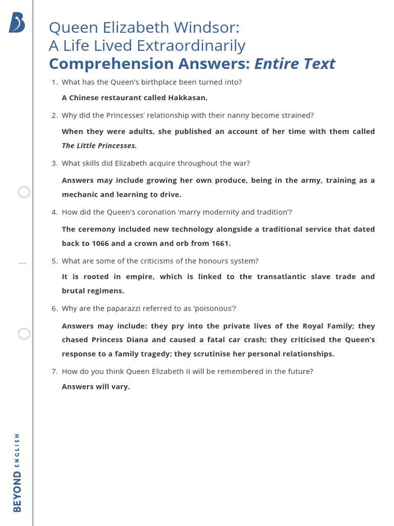 Comprehension Answers- Entire Text - MA | PDF