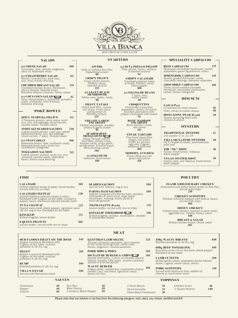 Villa Bianca Menu Website | PDF | Sushi | Grilling