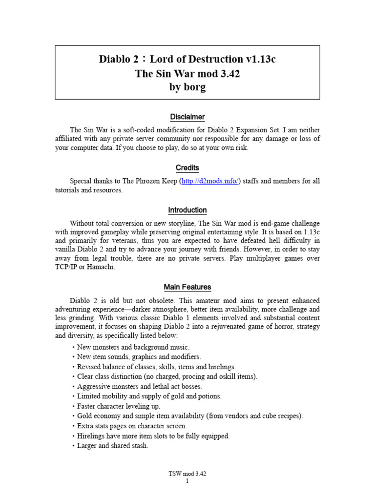Diablo 2 Sin War Mod Features | PDF | Microsoft Windows | Werewolves