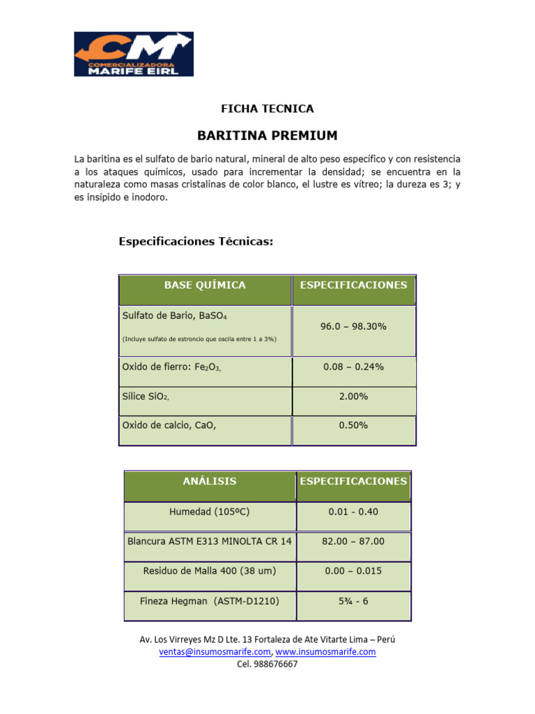 Baritina Premium: Ficha Técnica y Usos | PDF | Materiales | Sustancias ...