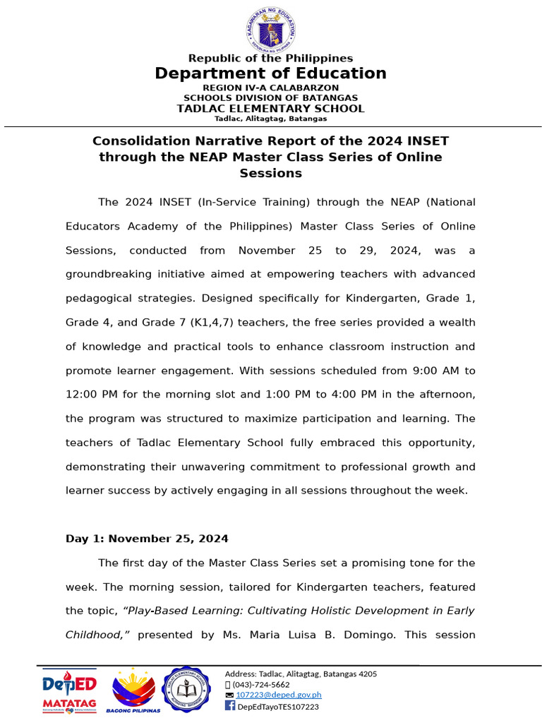 Consolidation Narrative Report of The 2024 INSET Through The NEAP ...