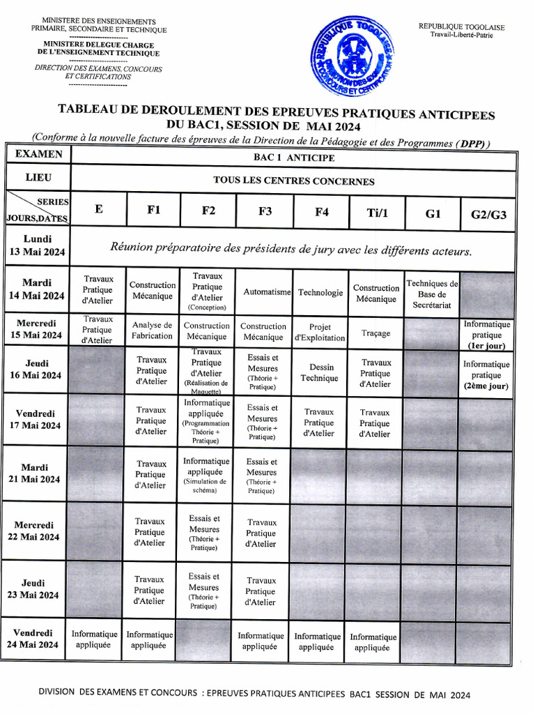 Calendrier de Deroulement Epreuves de BAC1 2024 Anticipé | PDF