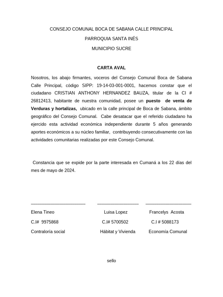 Carta Aval Cristian | PDF