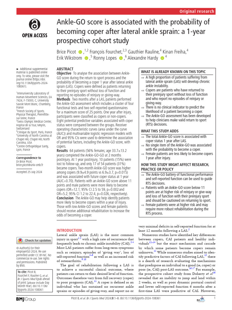 Ankle Go Score Is Associated With The Probability of Becoming Coper ...
