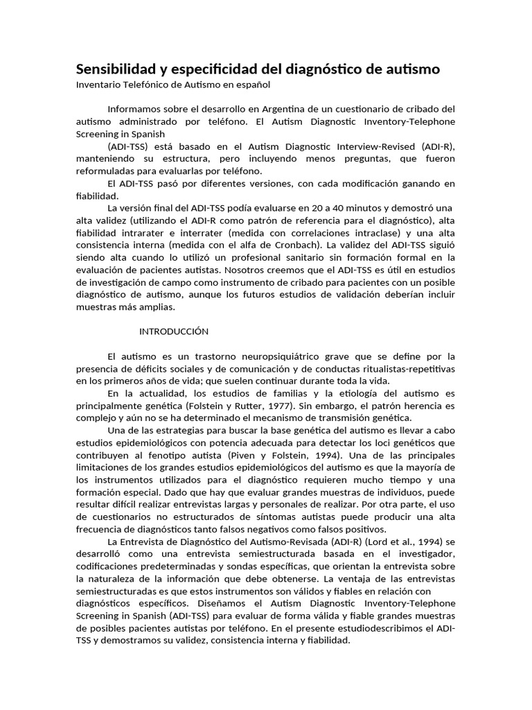 Sensibilidad y Especificidad Del Diagnóstico de Autismo | PDF | Autismo ...