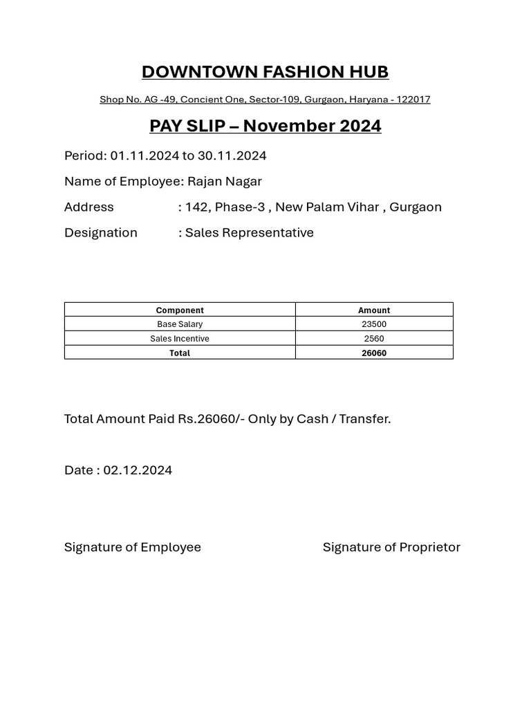 Downtown Fashion Hub - Salary Slip-Nov PDFF | PDF