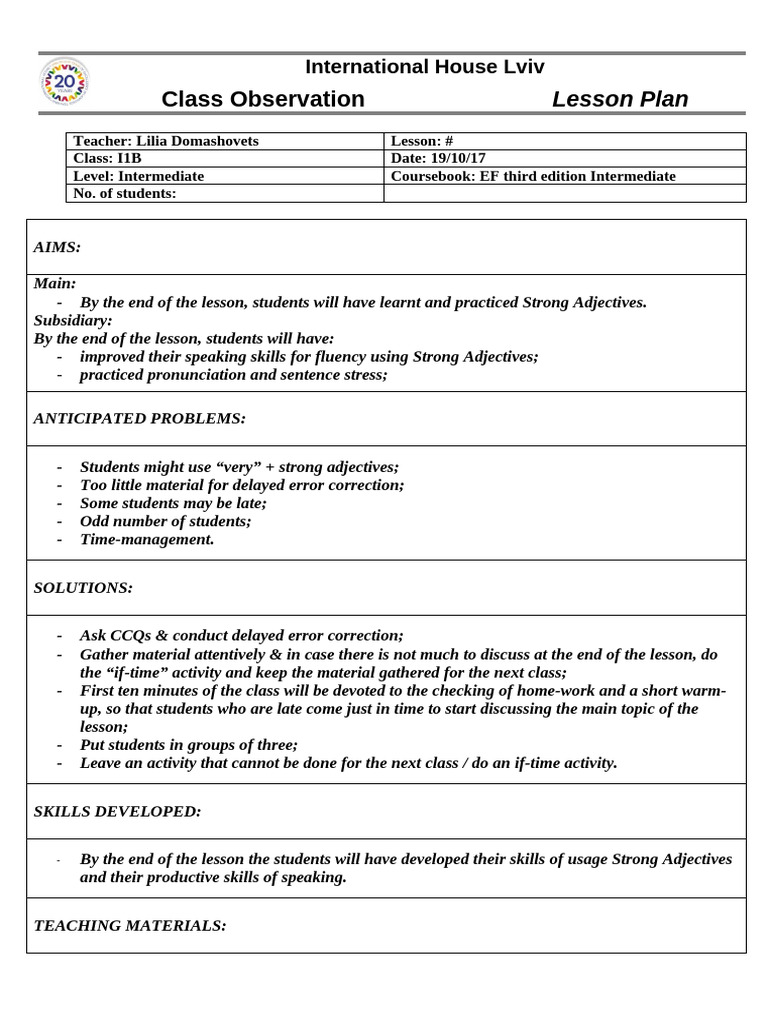 CELTA Lesson Plan Strong Adjectives | PDF | Vocabulary | Lexicon