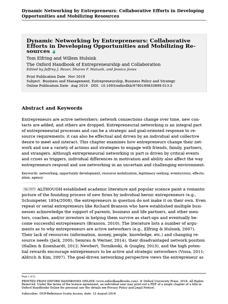Elfring & Hulsink, 2019, Dynamic Networking by Entrepreneurs | PDF ...