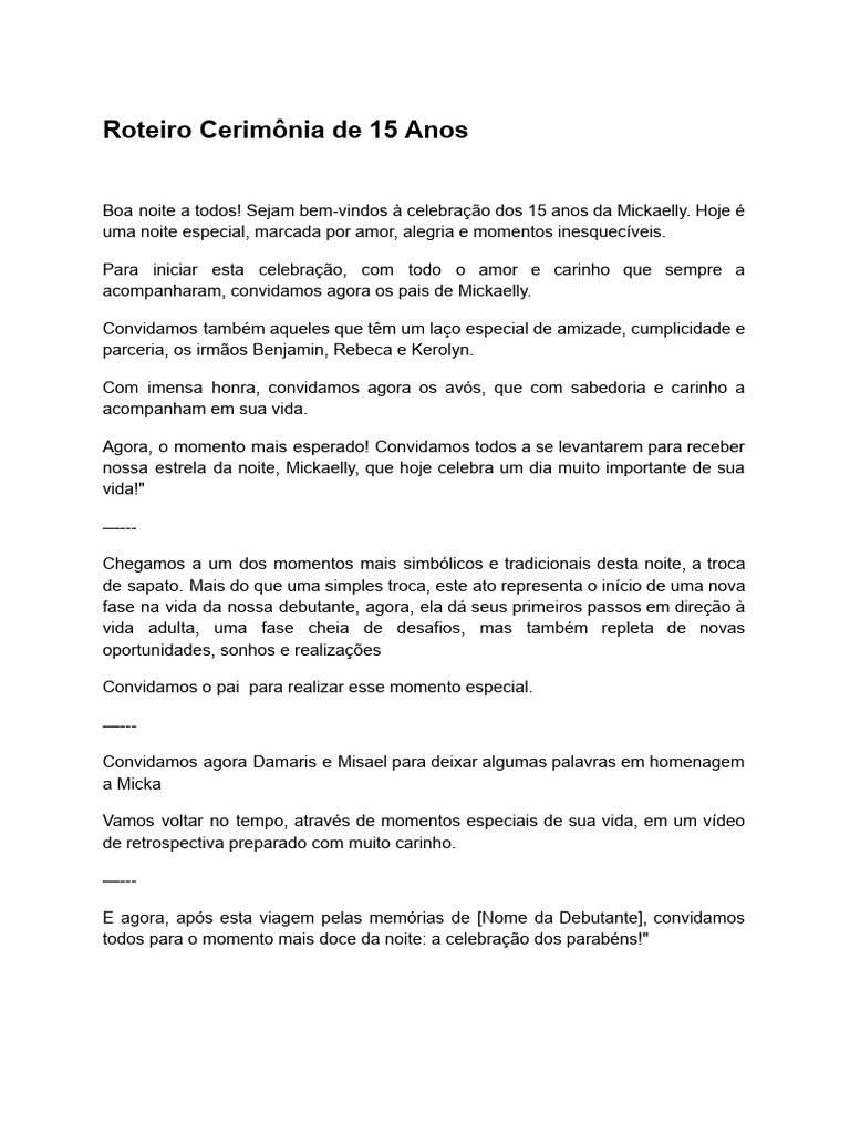 Roteiro para Cerimônia de 15 Anos | PDF