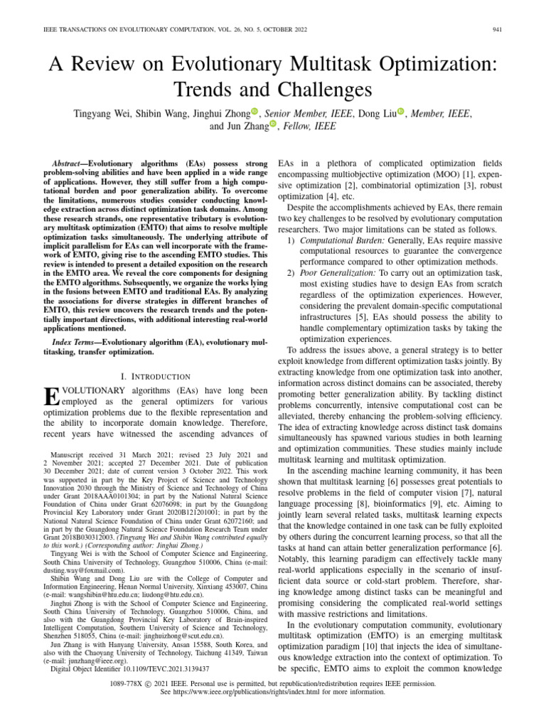 A Review On Evolutionary Multitask Optimization Trends And Challenges Pdf Mathematical