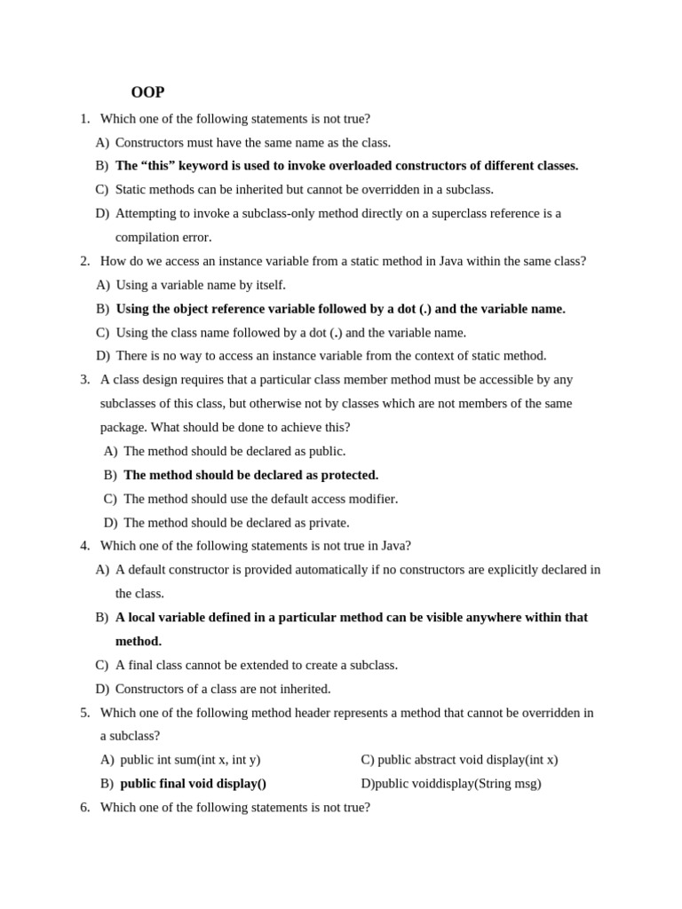 Java OOP Concepts and Project Management Quiz | PDF | Method (Computer Programming) | Class ...