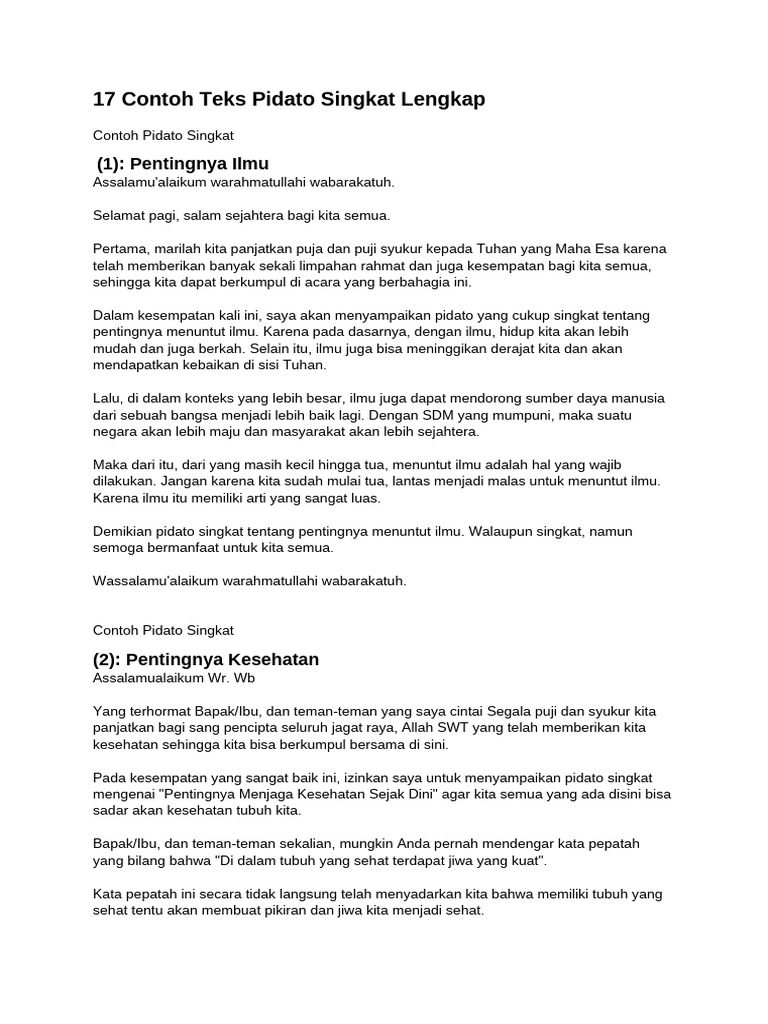 17 Contoh Teks Pidato Singkat Lengkap | PDF