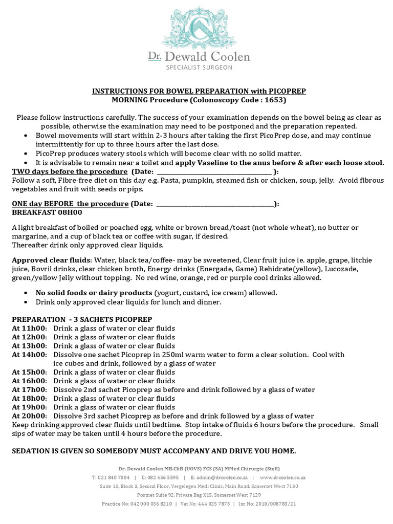 8. Colonoscopy Morning Prep Sheet New | PDF | Drink | Colonoscopy