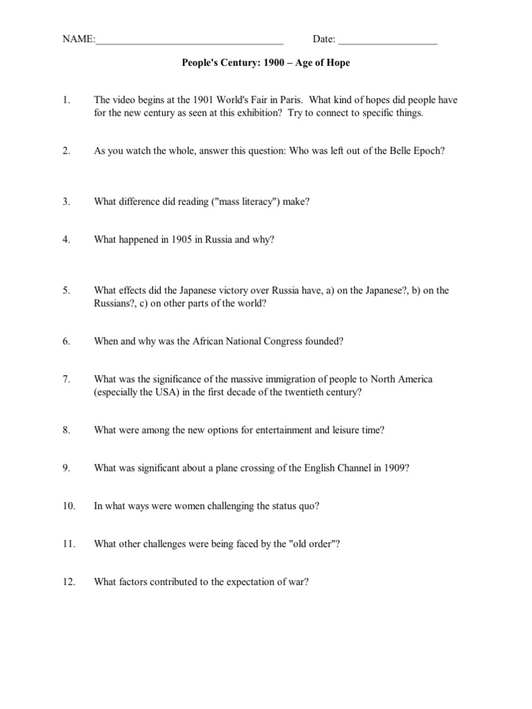 Video Questions - 1900 - Age of Hope - Take Home | PDF