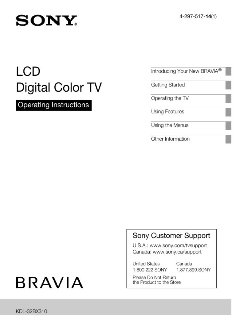 Manual de Usuario Sony Bravia KDL-32BX310 (52 Páginas) | PDF