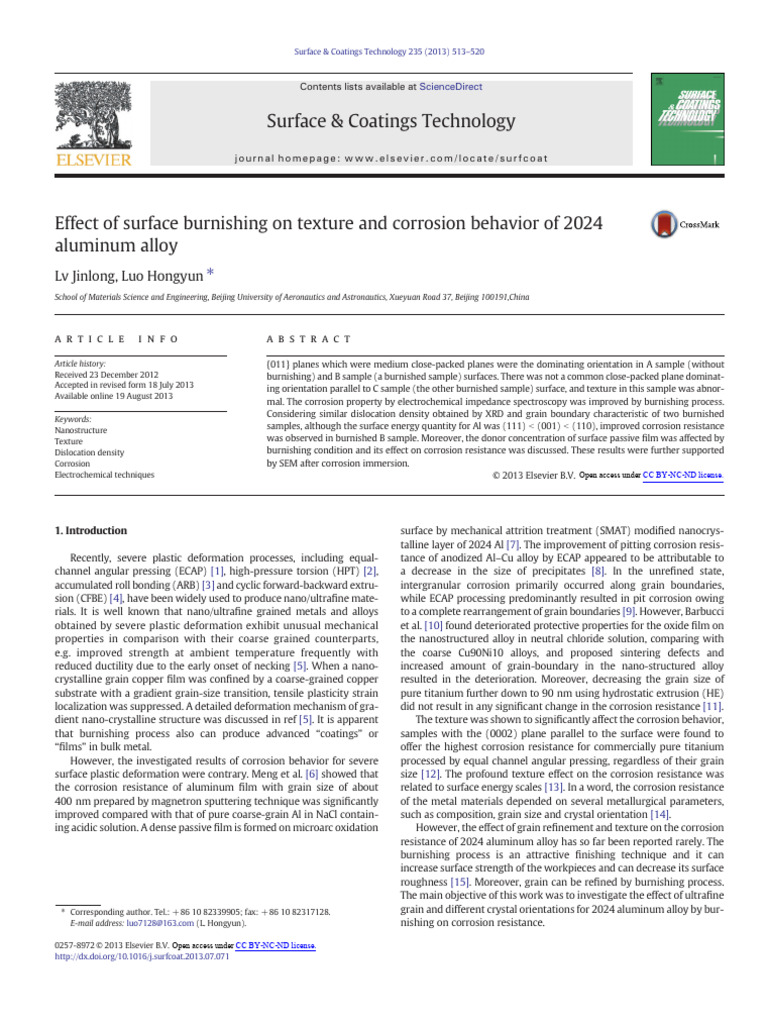Surface Burnishing Effects on 2024 Aluminum | PDF | Corrosion | Crystallite