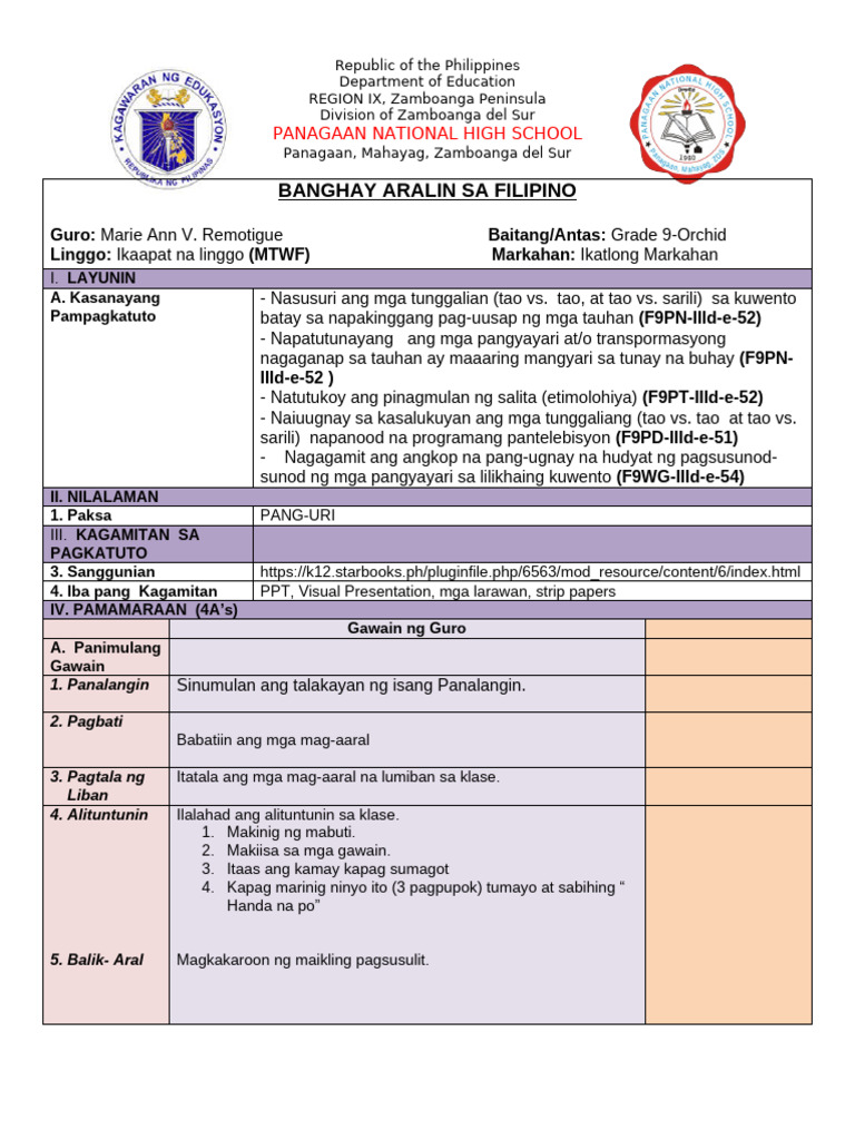 BANGHAY ARALIN FILIPINO 9 WEEK 4 | PDF