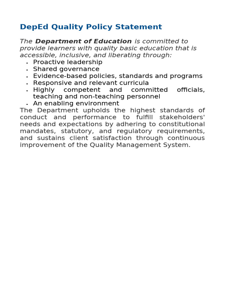 DepEd Quality Policy Commitment | PDF