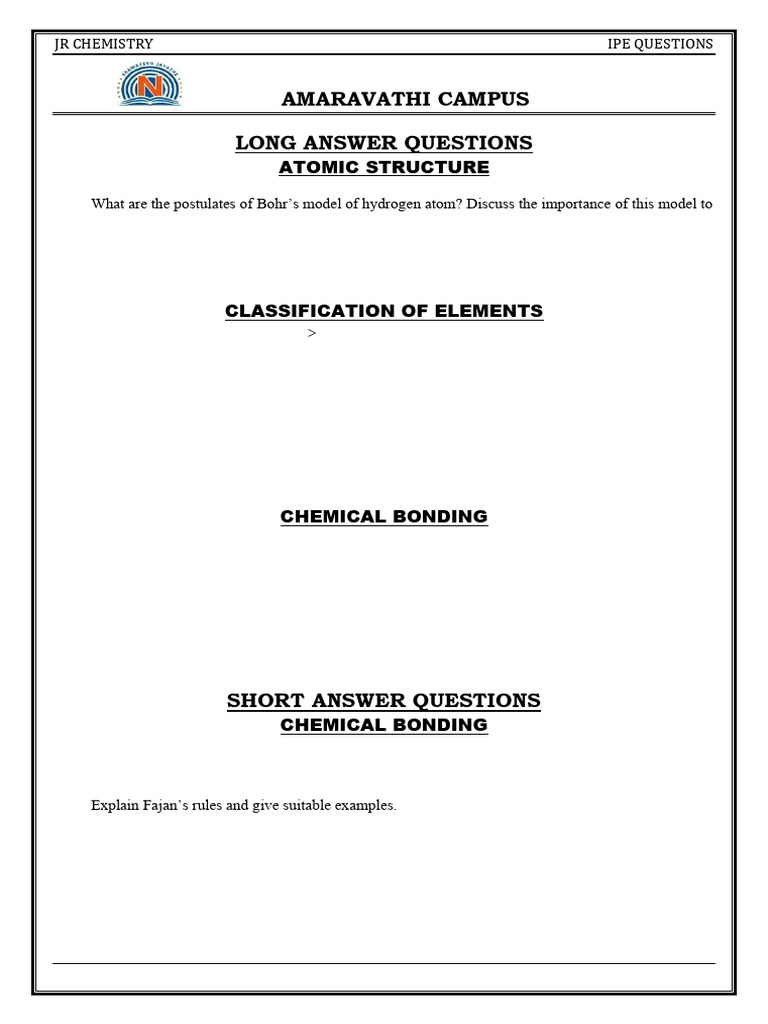 1_JR CHEMISTRY IPE QUESTIONS | PDF | Chemical Bond | Chemistry