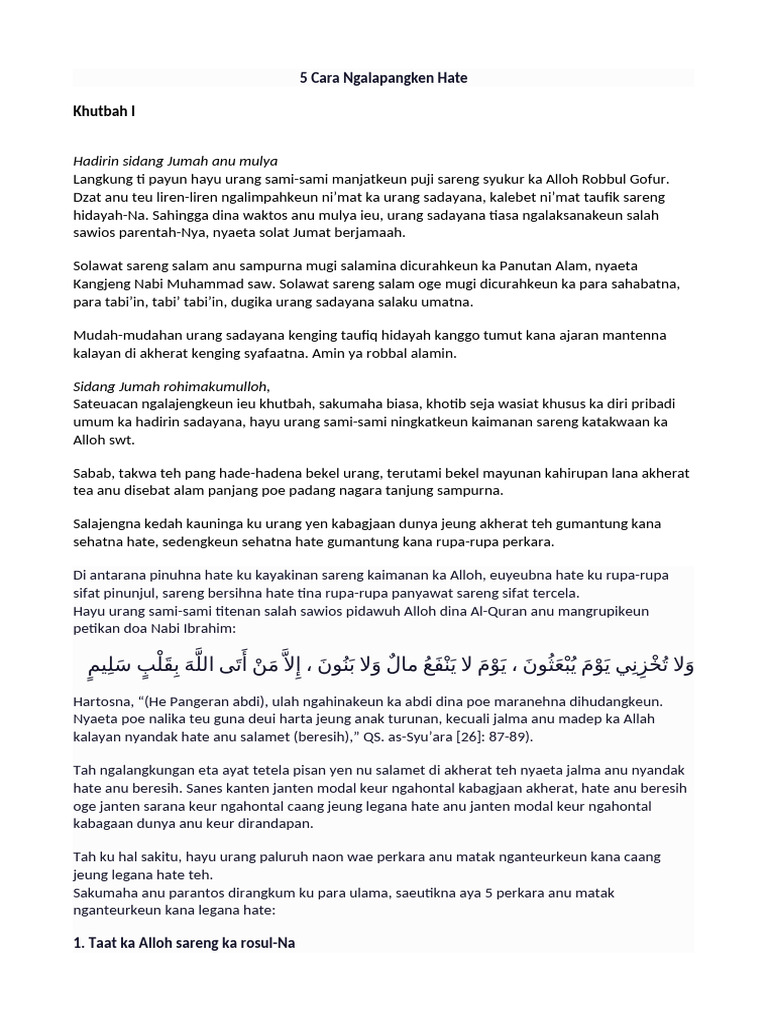 KHUTBAH 5 Cara Ngalapangken Hate | PDF