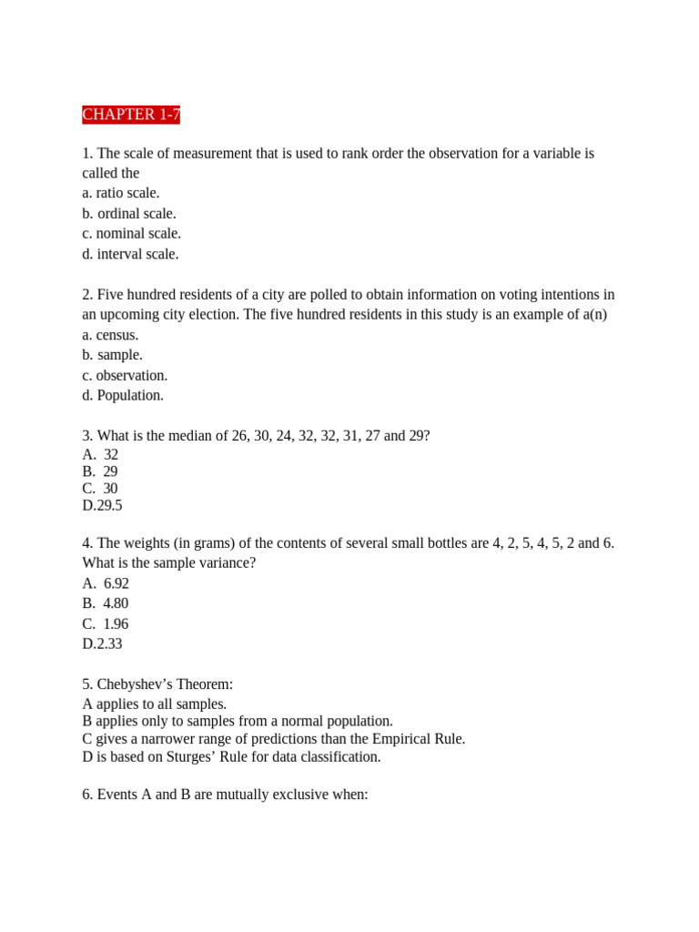 SB Example Midterm Chapter 1-7 | PDF | Statistics | Probability Distribution