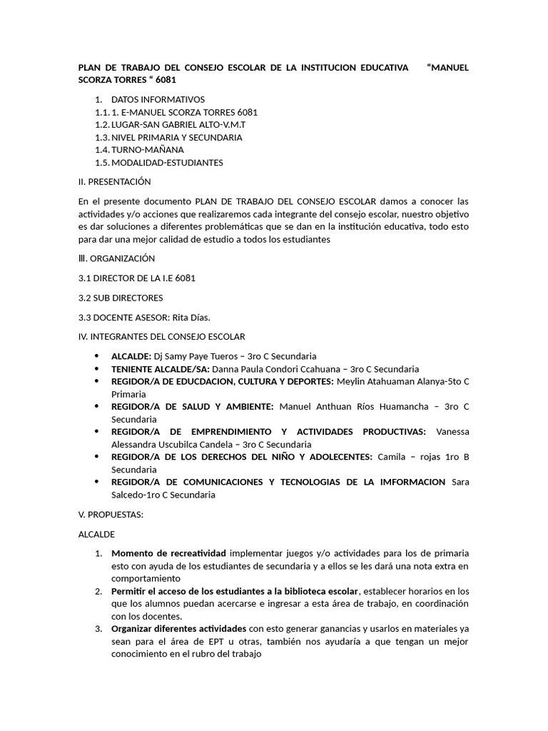 Plan de Trabajo Consejo Escolar 6081 | PDF