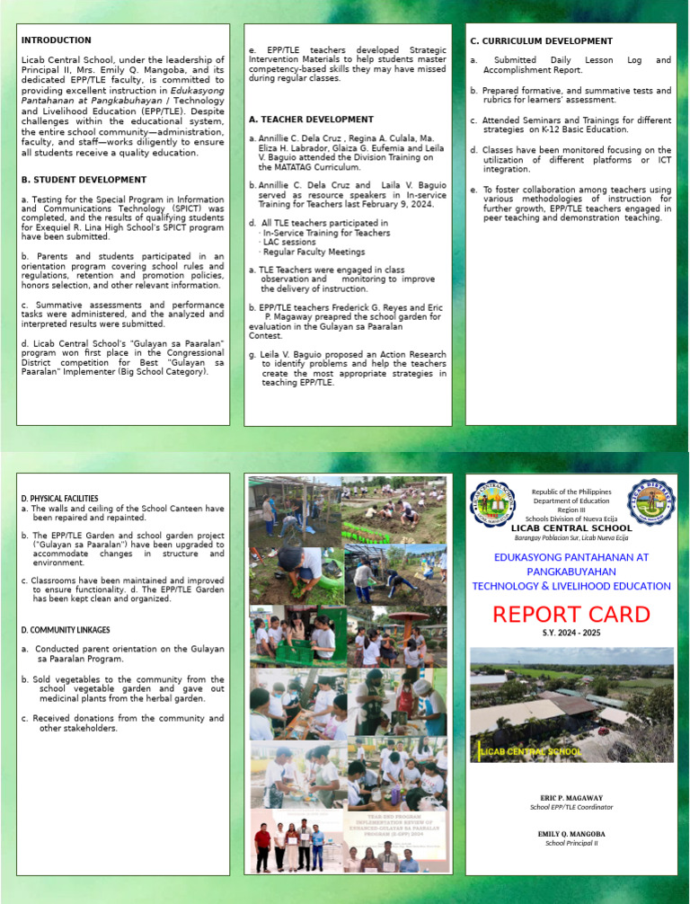 Licab Central School EPP/TLE Report 2024 | PDF | Teachers | Cognition