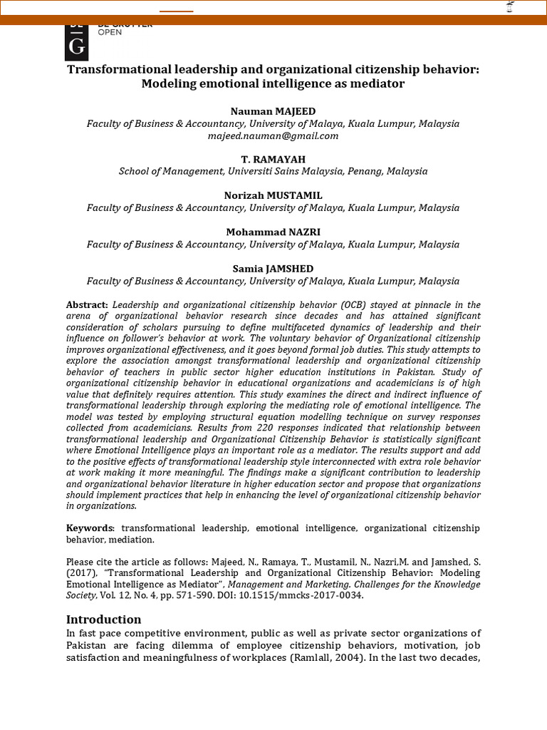 Transformational Leadership and Organizational Citizenship Behavior | PDF | Transformational ...
