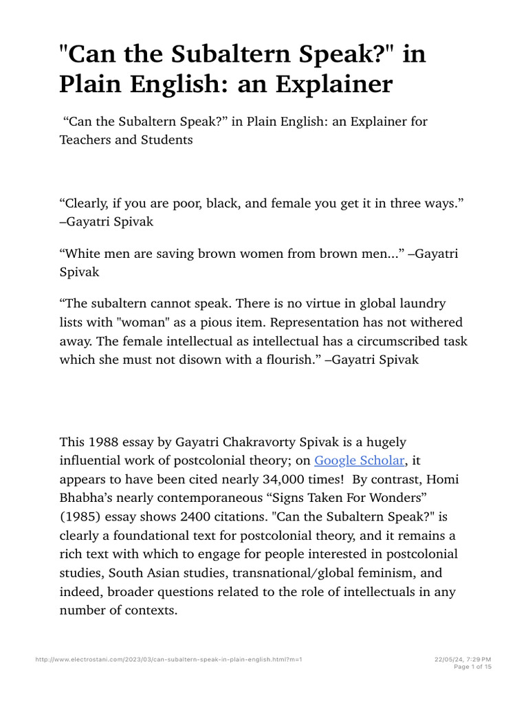 Amardeep Singh - "Can The Subaltern Speak?" in Plain English - An Explainer | PDF | Jacques ...