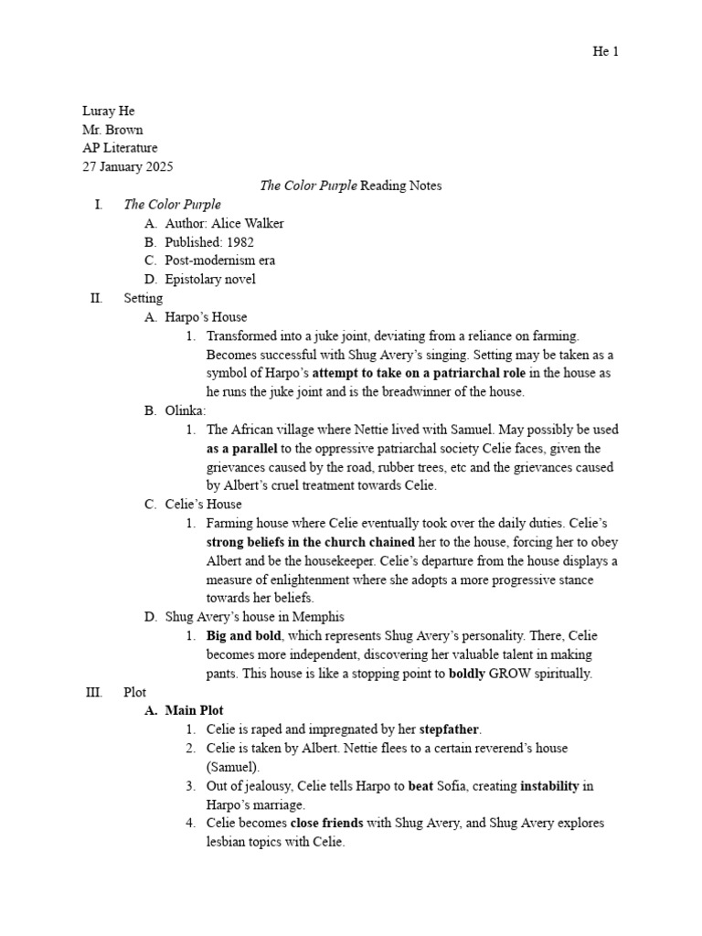 Reading Notes The Color Purple | PDF