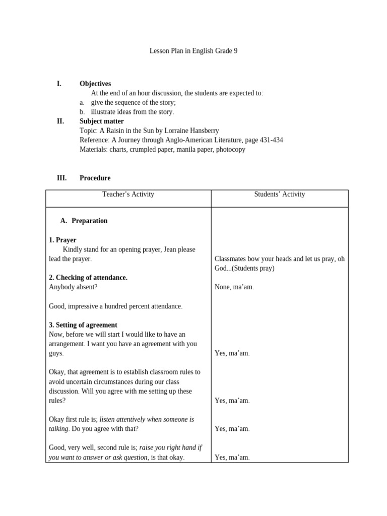 Grade 9 English Lesson Plan: A Raisin in the Sun | PDF