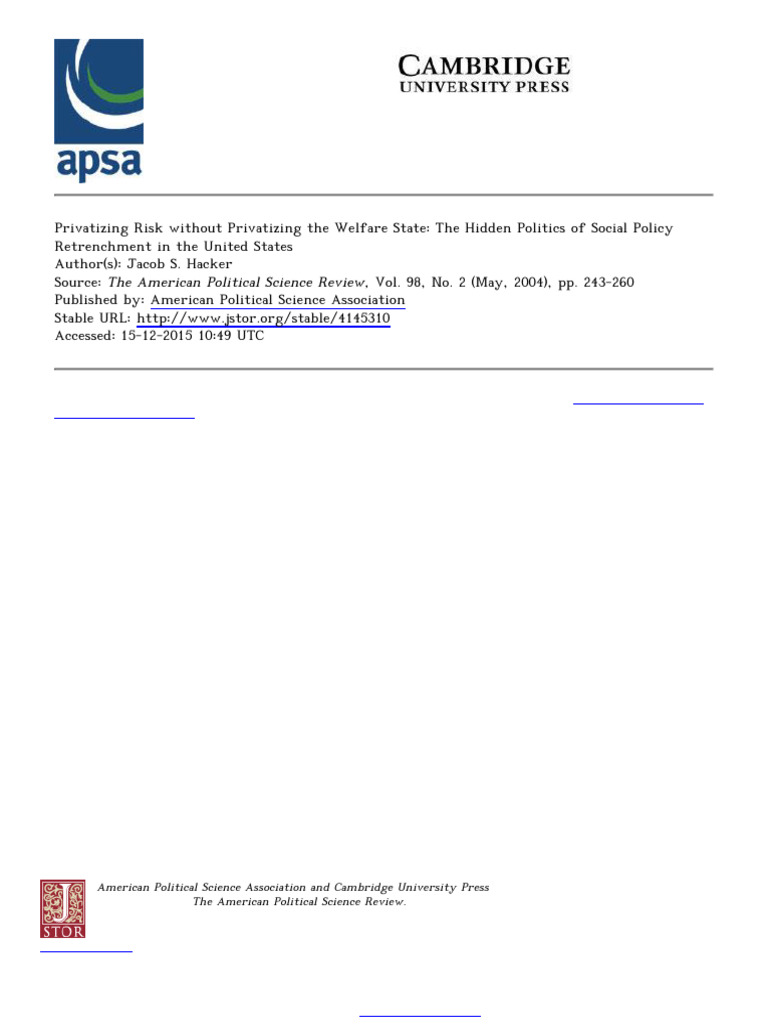 Hacker (2004) - Privatizing Risk Without Privatizing The Welfare State | PDF | Policy | Welfare ...