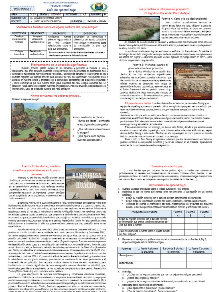 Guia 2 Unidad 5 CC - Ss. 2° Chavela | PDF | Perú