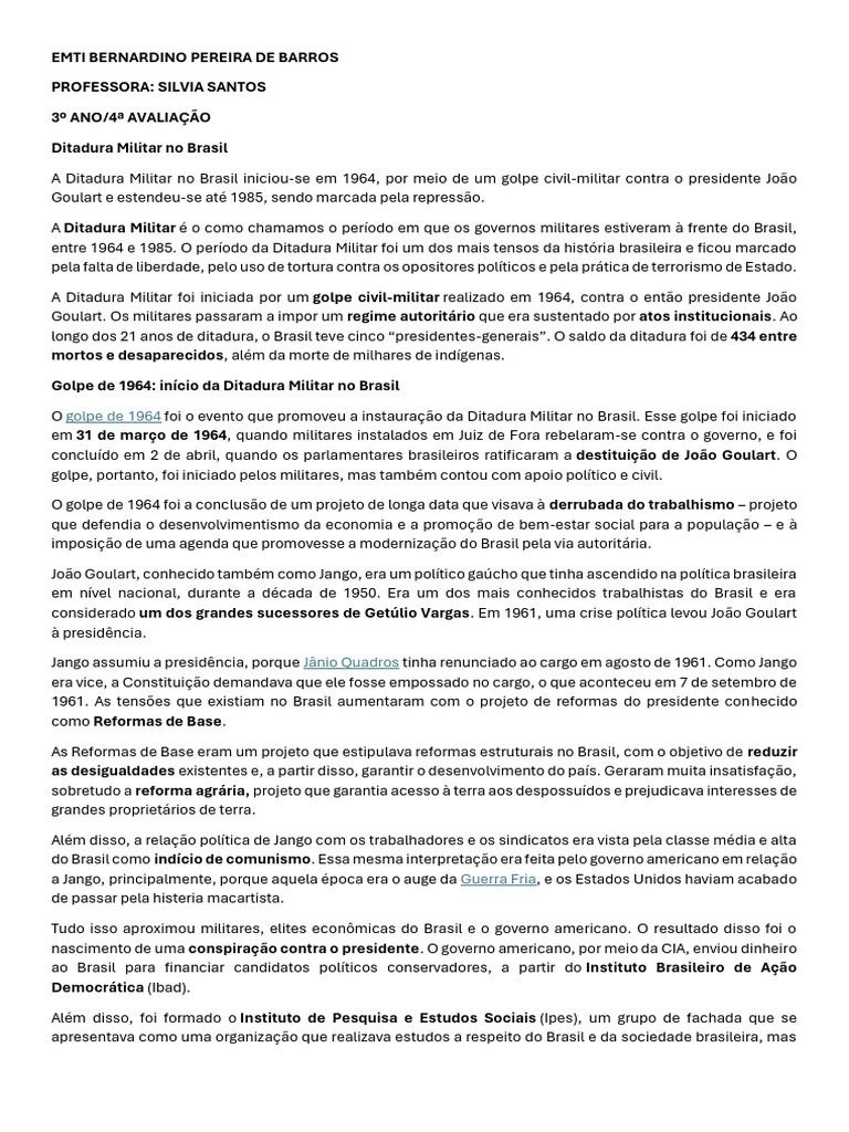 Golpe de 1964 e a Ditadura Militar | PDF | Brasil | Democracia