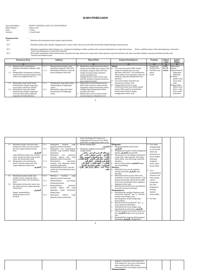 Silabus Bhs Arab Kelas 1 (Ganjil) | PDF
