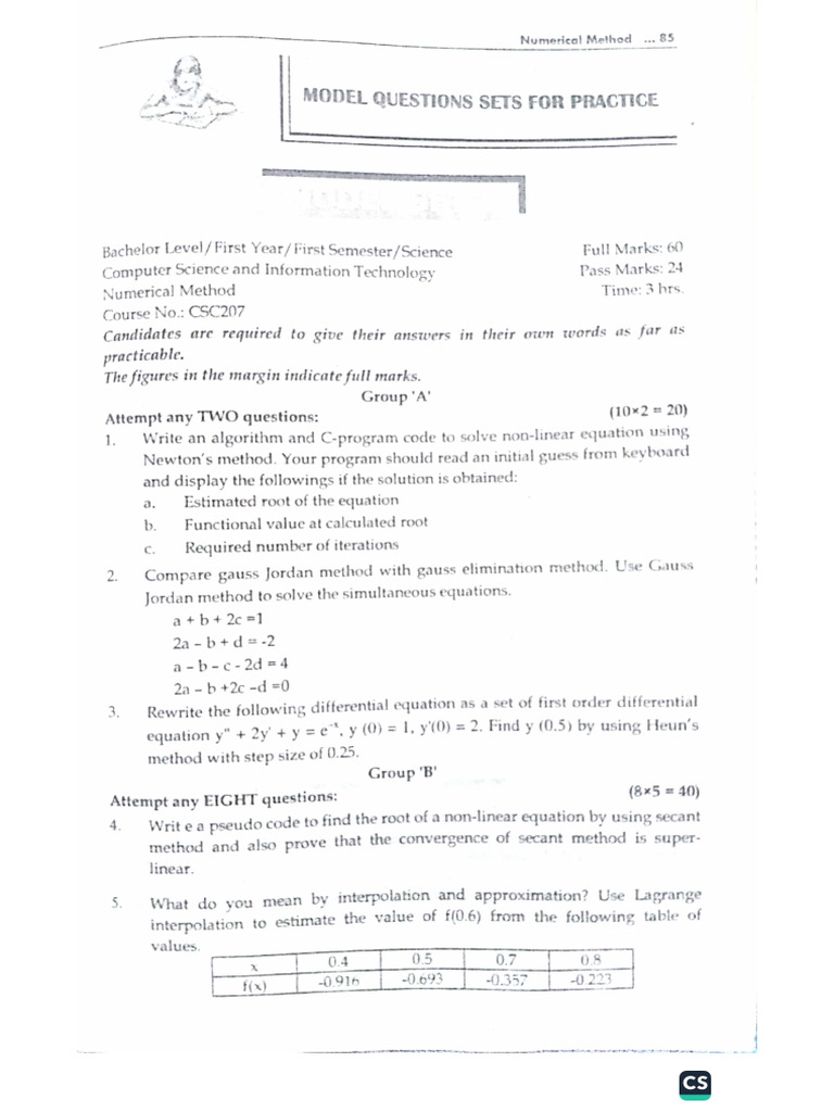 Numerical Method Model Question | PDF