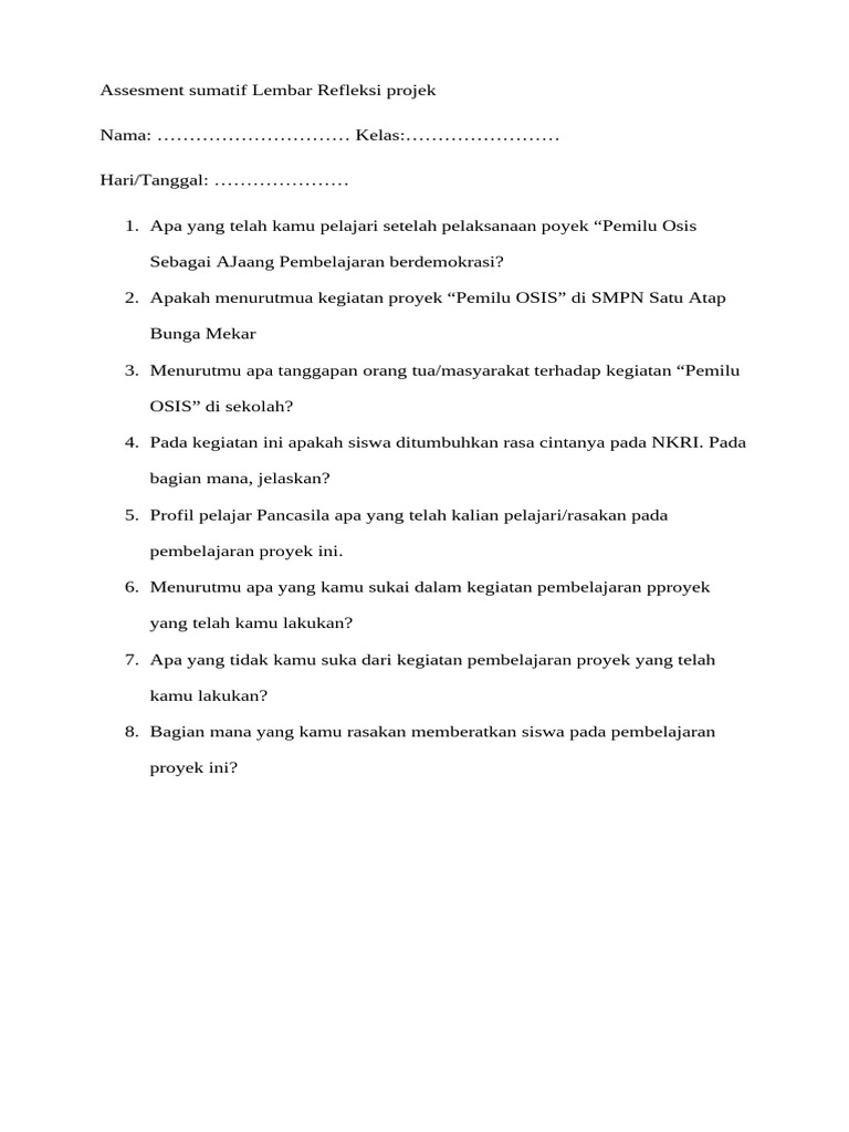 Assesment Sumatif Lembar Refleksi Projek | PDF