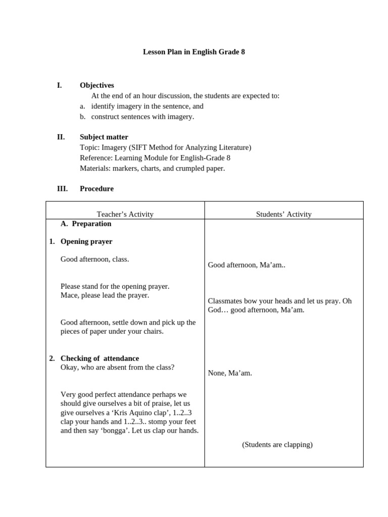 Lesson Plan in English Grade 8 #2 | PDF | Senses | Nervous System
