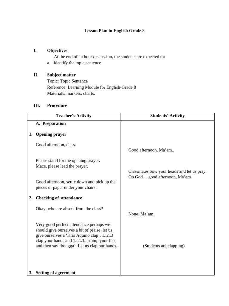 Grade 8 English: Topic Sentence Lesson | PDF