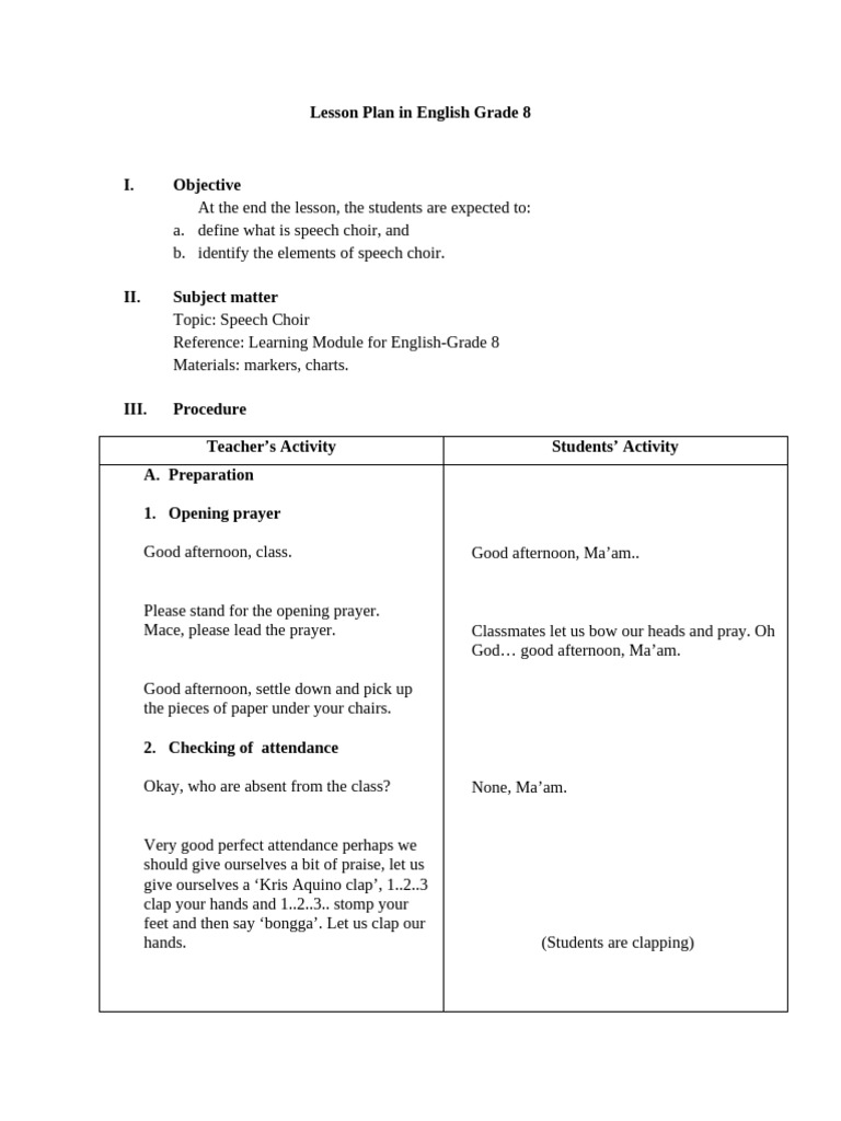 Grade 8 Speech Choir Lesson Plan | PDF | Choir | Poetry